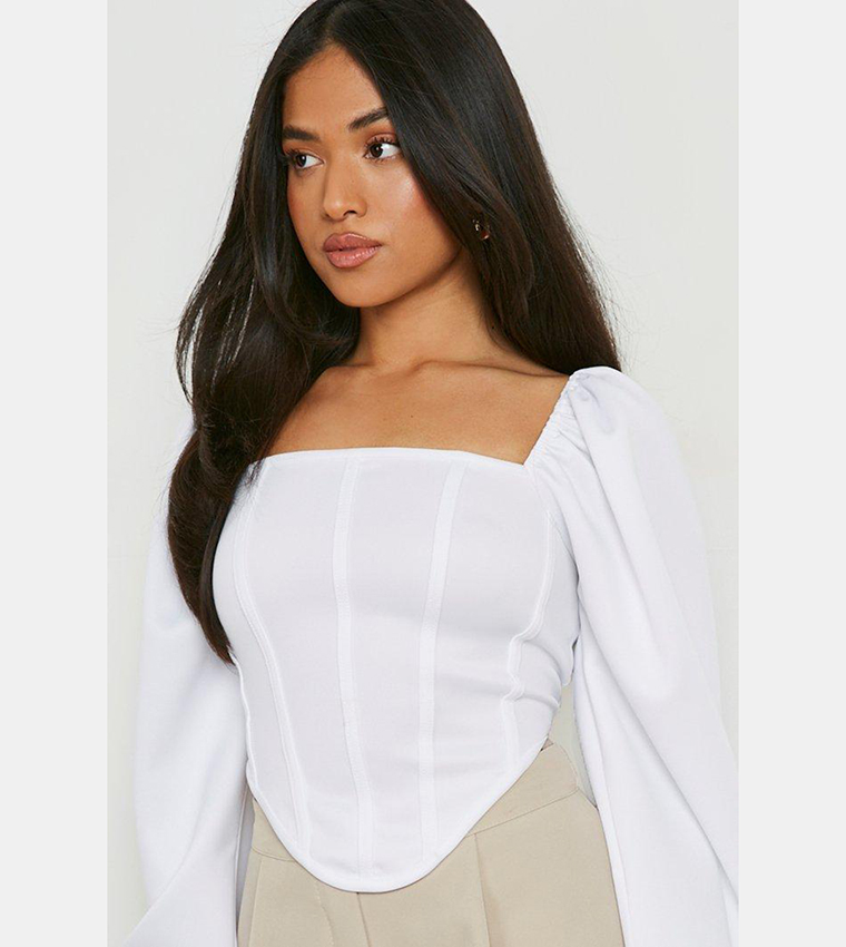 Buy Boohoo Puff Sleeves Dipped Hem Corset Top In White | 6thStreet ...