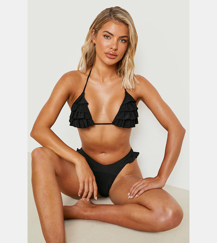 Buy Boohoo Ruffle Triangle Hipster Bikini Set In Black | 6thStreet Oman