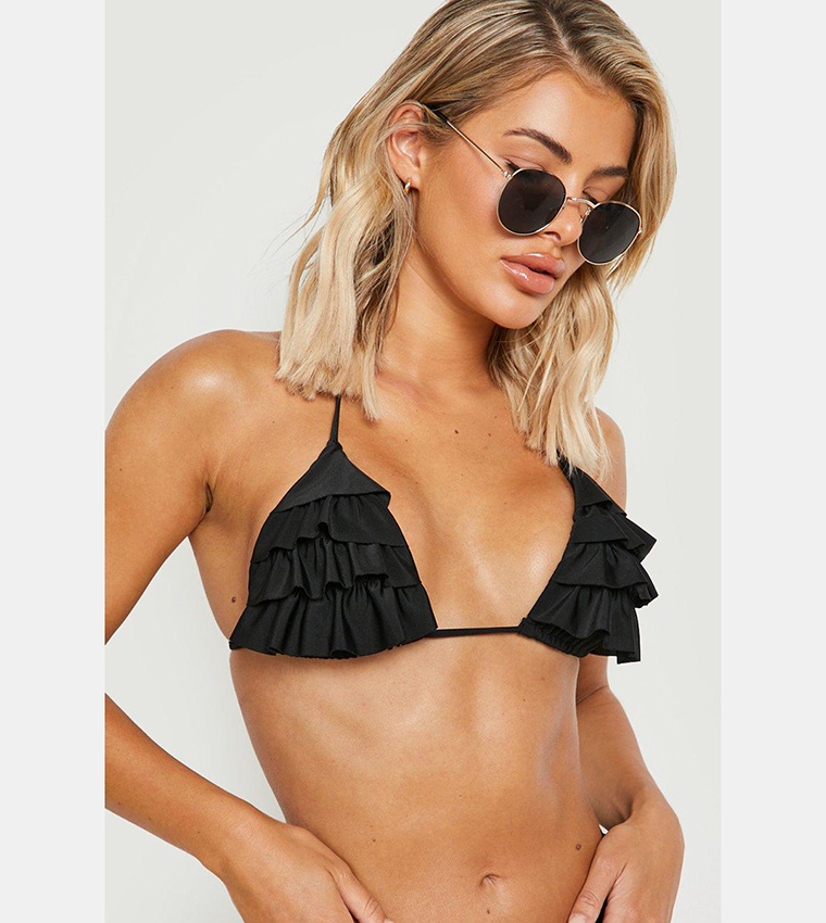 Buy Boohoo Ruffle Triangle Hipster Bikini Set In Black | 6thStreet Oman