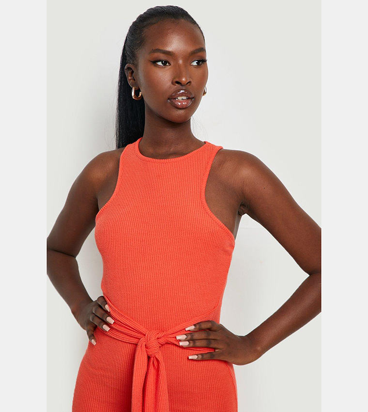 Buy Boohoo Ripple Rib Racer Tie Front Midi Dress In Orange | 6thStreet ...