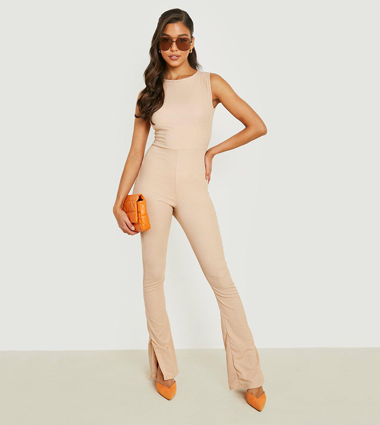 Buy Boohoo Crinkle Split Hem Unitard Jumpsuit In Beige | 6thStreet ...