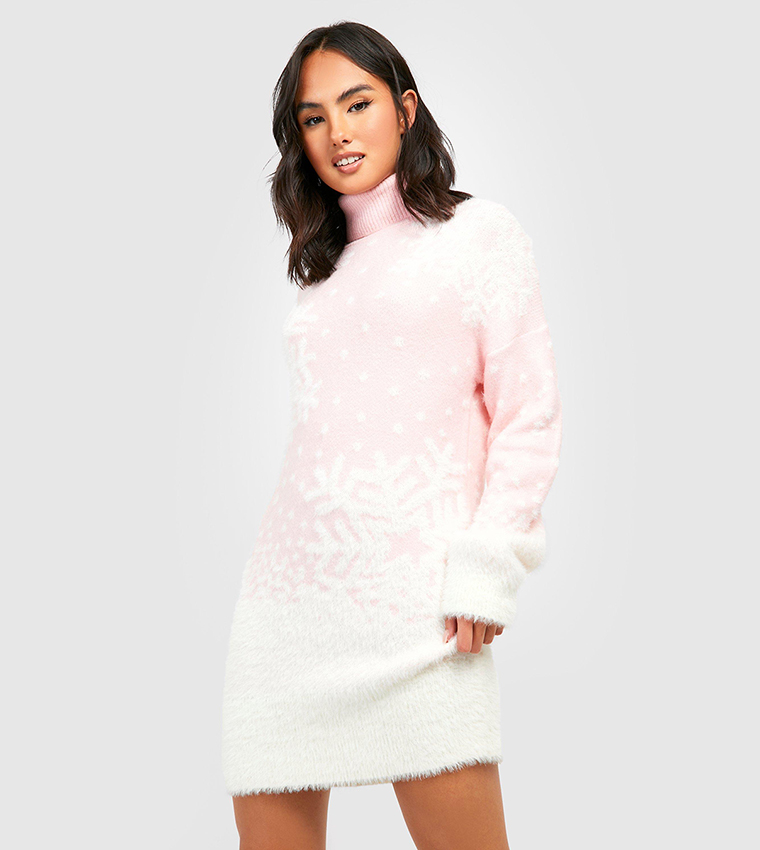 Buy Boohoo Snowflake Fully Knit Roll Neck Sweater Dress In Pink ...