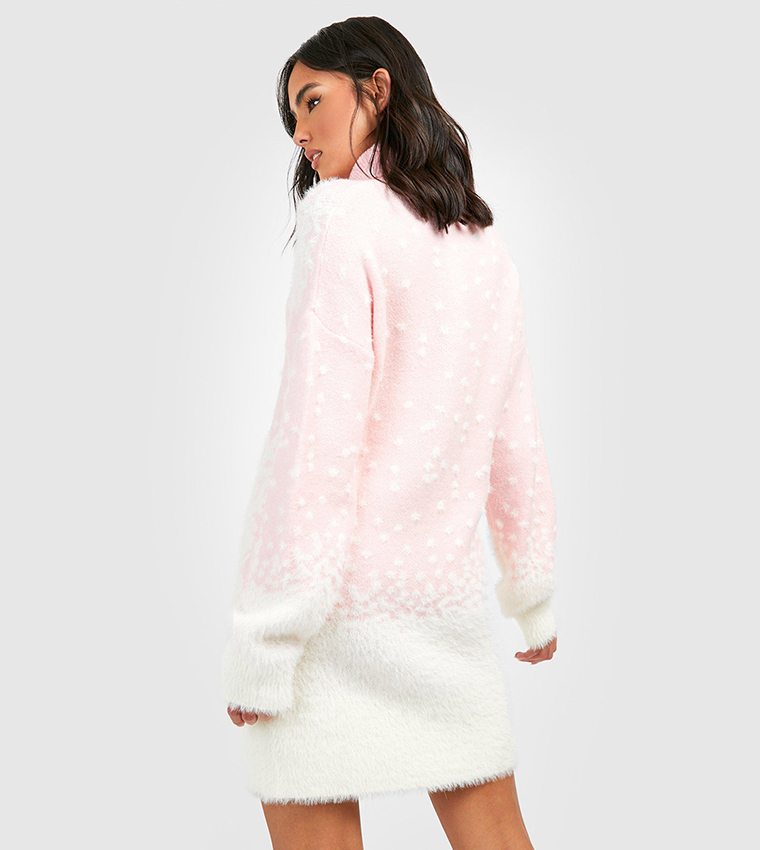 Buy Boohoo Snowflake Fully Knit Roll Neck Sweater Dress In Pink ...