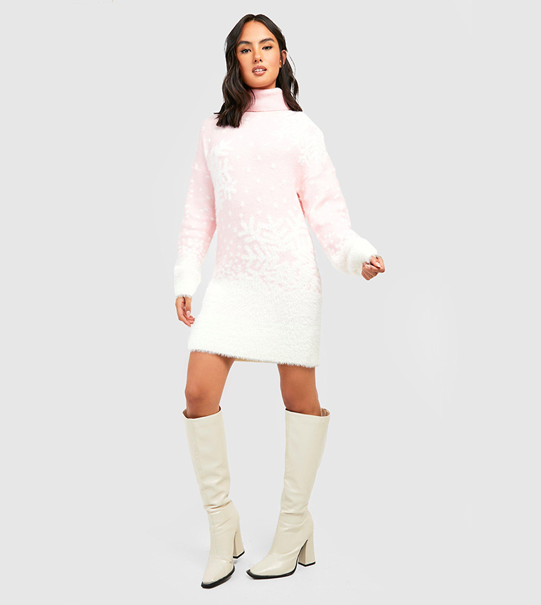Buy Boohoo Snowflake Fully Knit Roll Neck Sweater Dress In Pink ...