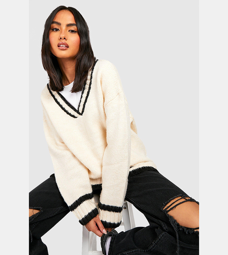 Buy Boohoo Deep V Neck Knitted Cricket Sweater In White | 6thStreet ...