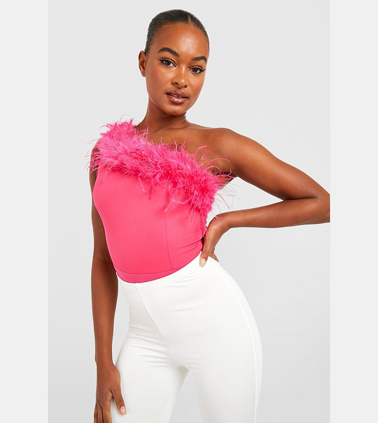 Buy Boohoo Tall Feather One Shoulder Bodysuit Top In Pink | 6thStreet UAE