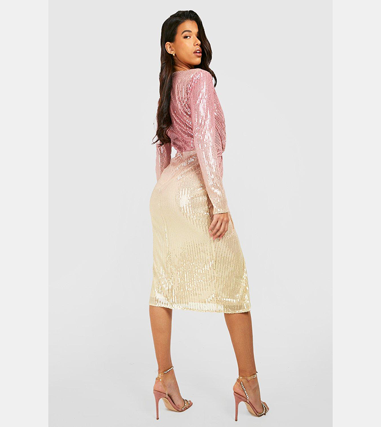 Buy Boohoo Tall Ombre Sequins Wrap Midi Dress In Pink | 6thStreet UAE