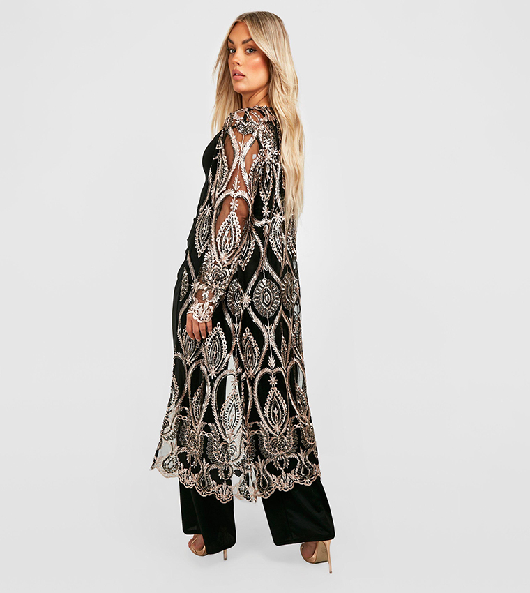 Buy Boohoo Damask Sequined Longline Duster In Beige | 6thStreet Saudi ...