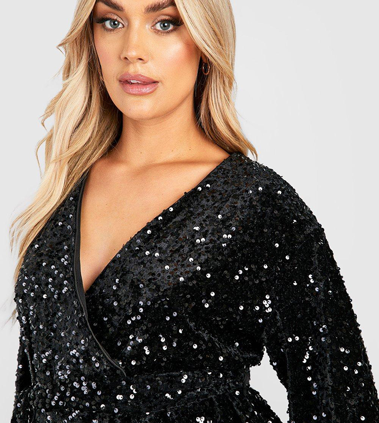 Buy Boohoo Velvet Sequined Wrap Top In Black | 6thStreet UAE