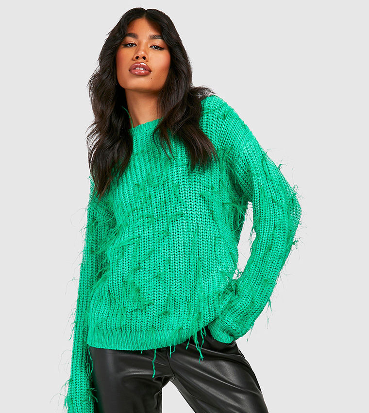 Buy Boohoo All Over Feather Jumper In Green | 6thStreet Qatar