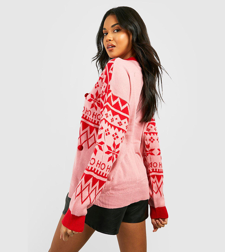 Buy Boohoo Ho Ho Ho Pom Pom Christmas Jumper In Pink | 6thStreet UAE