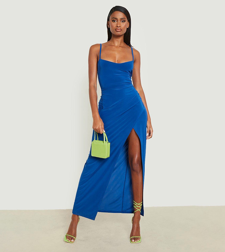 Buy Boohoo Strappy Wrap Front Slinky Maxi Dress In Blue 6thstreet