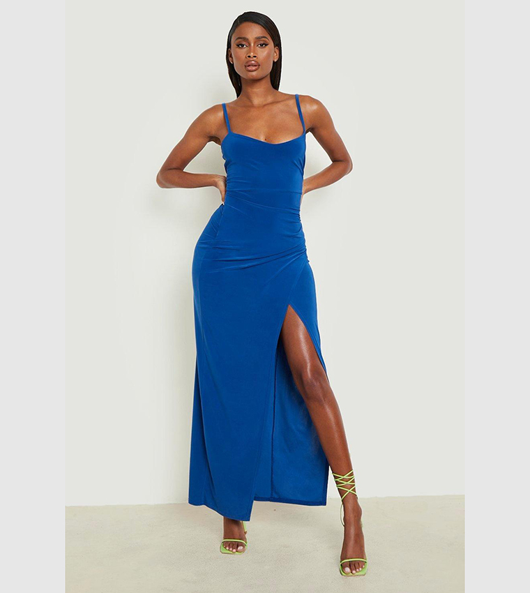Buy Boohoo Strappy Wrap Front Slinky Maxi Dress In Blue 6thstreet