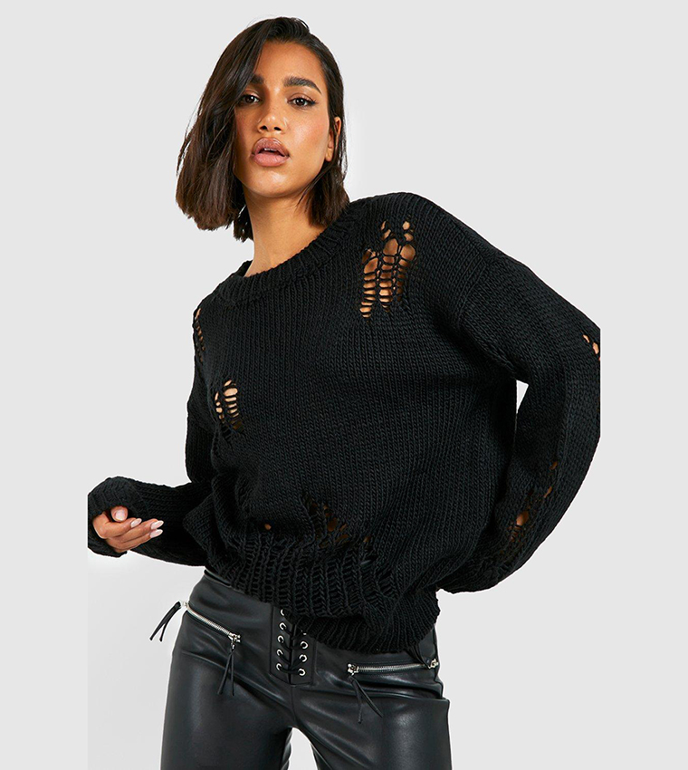Buy Boohoo Chunky Ladder Stitch Sweater In Black | 6thStreet UAE