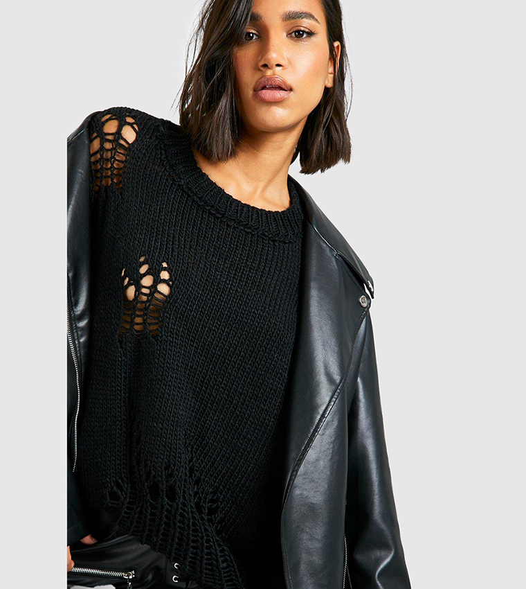 Buy Boohoo Chunky Ladder Stitch Sweater In Black | 6thStreet UAE