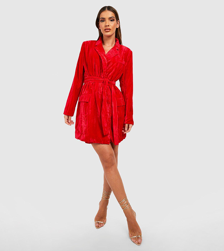 Buy Boohoo Velvet Tie Waist Blazer Party Dress In Red | 6thStreet Oman
