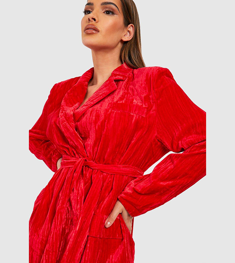 Buy Boohoo Velvet Tie Waist Blazer Party Dress In Red | 6thStreet Oman