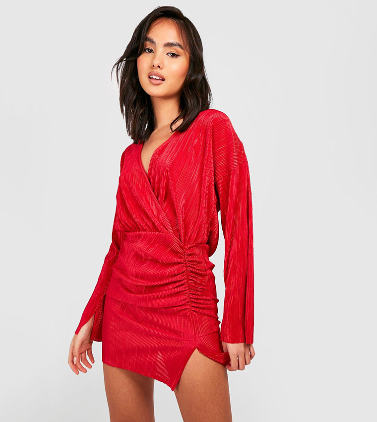 Buy Boohoo Plisse Wrap Front Split Detail Mini Dress In Red | 6thStreet ...