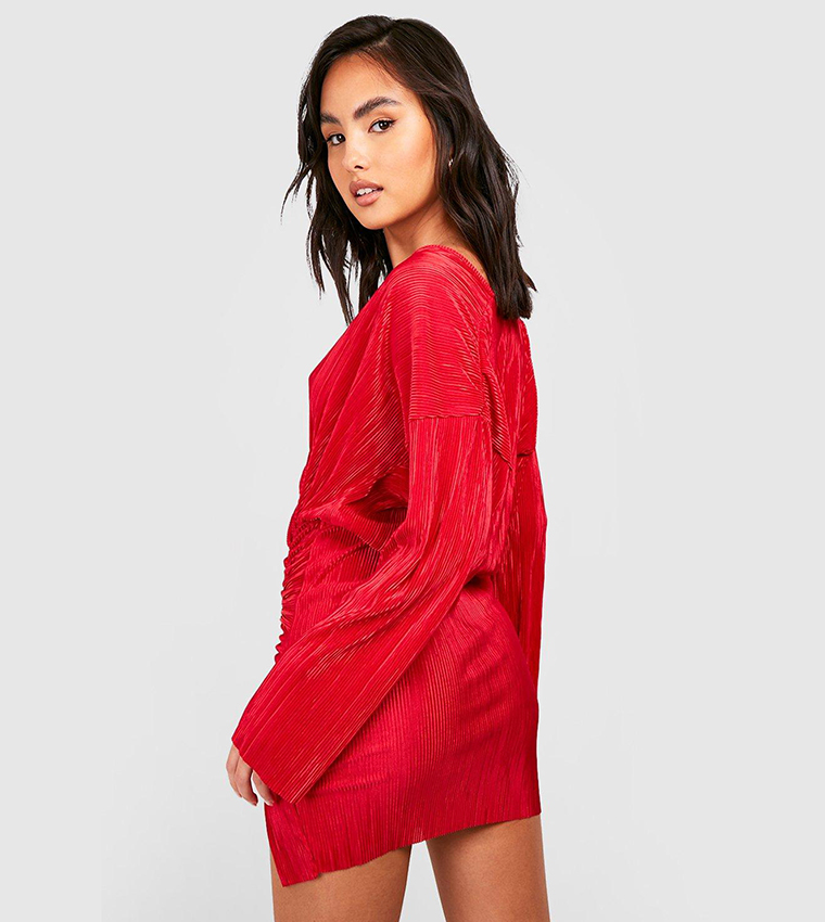 Buy Boohoo Plisse Wrap Front Split Detail Mini Dress In Red | 6thStreet ...