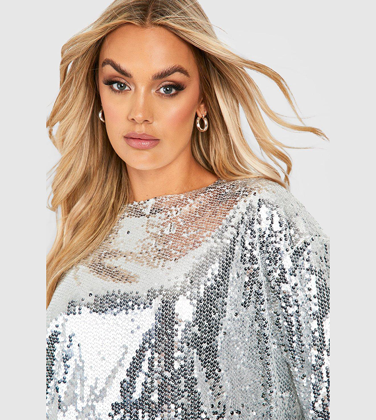 Buy Boohoo Plus Sequin Long Sleeves Open Back Top In Silver | 6thStreet ...