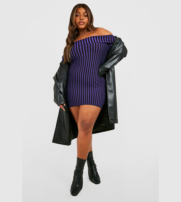 Buy Boohoo Plus Two Tone Rib Bardot Jumper Dress In Purple 6thstreet