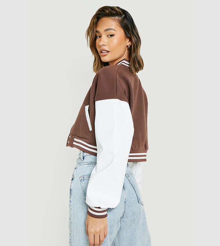 Buy Boohoo Contrast Sleeves Varsity Bomber Jacket In Brown | 6thStreet UAE
