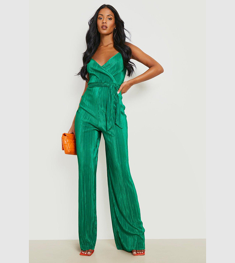Buy Boohoo Tall Plisse Wrap Front Belted Wide Leg Jumpsuit In Green ...