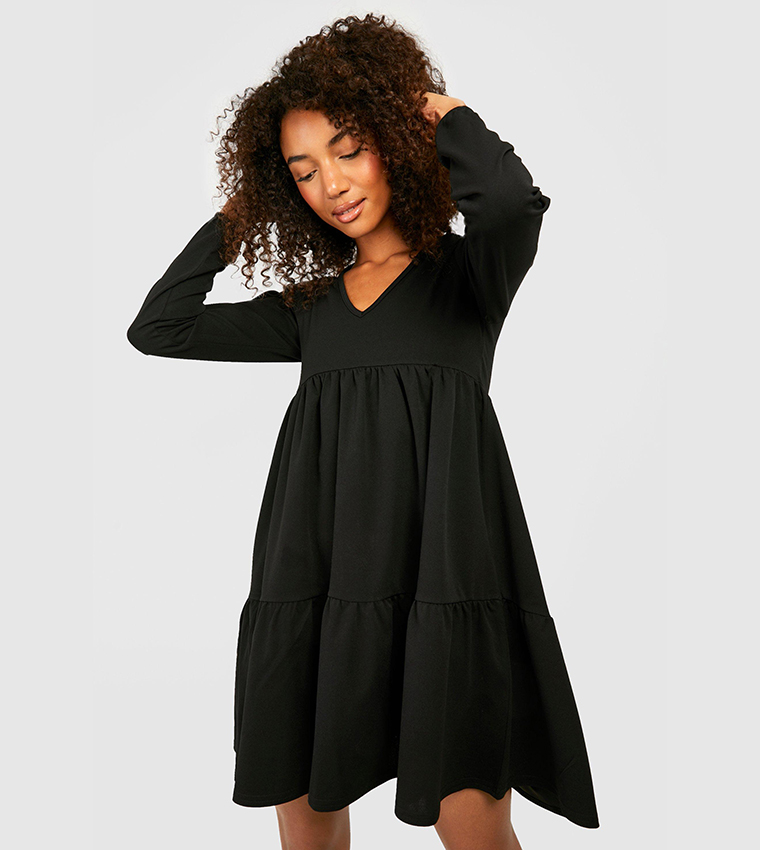 Buy Boohoo Tall V Neck Long Sleeves Tiered Smock Dress In Black ...
