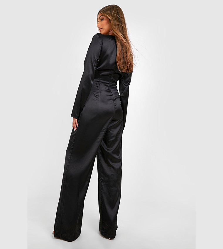 Buy Boohoo Satin Cowl Neck Wide Leg Jumpsuit In Black | 6thStreet Saudi Arabia