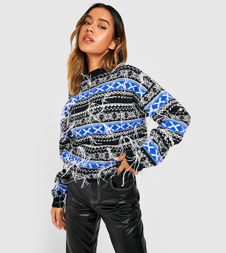 Buy Boohoo All Over Feather Fairisle Christmas Jumper In Black ...