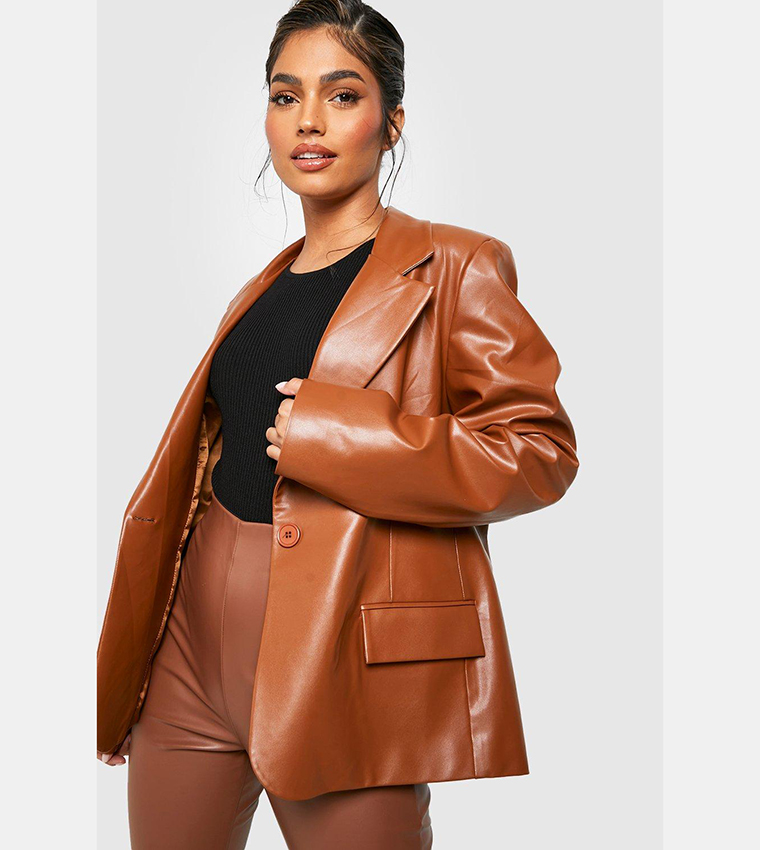 Buy Boohoo Mix & Match Leather Look Boyfriend Blazer In Brown ...