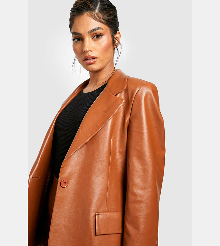 Buy Boohoo Mix & Match Leather Look Boyfriend Blazer In Brown ...