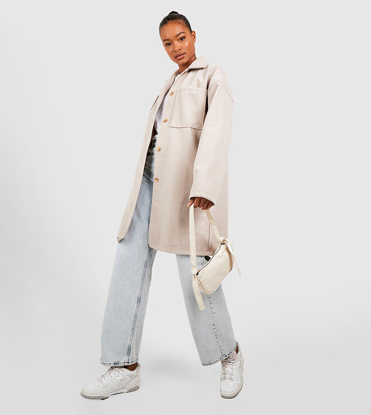 Buy Boohoo Wool Look Oversized Utility Shacket In Beige | 6thStreet UAE
