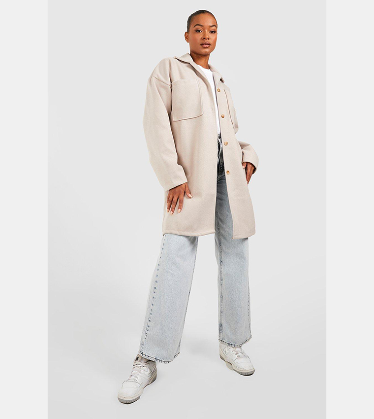 Buy Boohoo Wool Look Oversized Utility Shacket In Beige | 6thStreet UAE