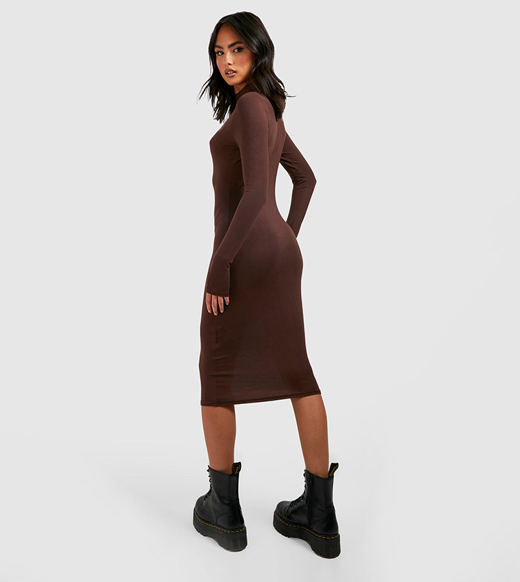 Buy Boohoo High Neck Long Sleeve Bodycon Midi Dress In Brown ...