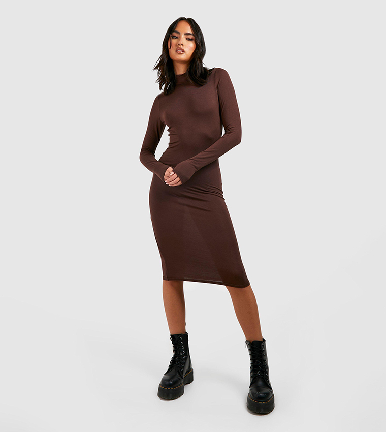 Buy Boohoo High Neck Long Sleeve Bodycon Midi Dress In Brown ...