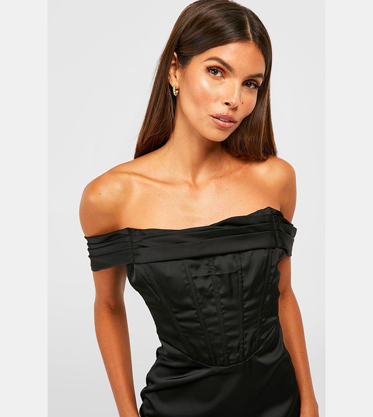 Buy Boohoo Satin Corset Bardot Drape Mini Dress In Black | 6thStreet UAE