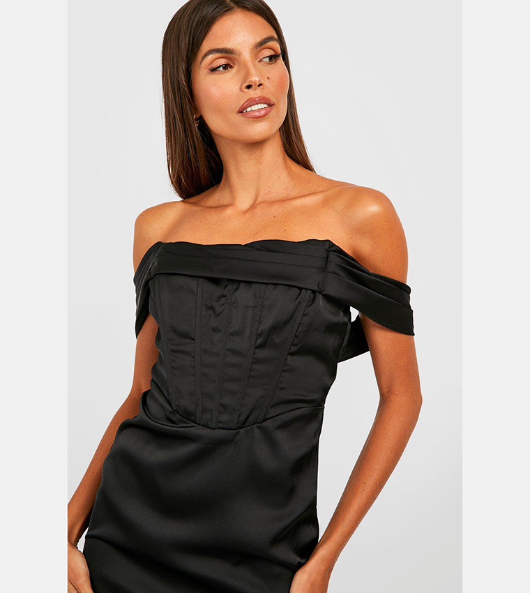 Buy Boohoo Satin Corset Bardot Drape Mini Dress In Black | 6thStreet UAE