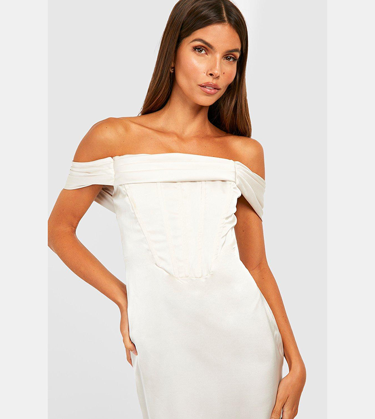 Buy Boohoo Satin Corset Bardot Drape Mini Dress In White | 6thStreet Kuwait