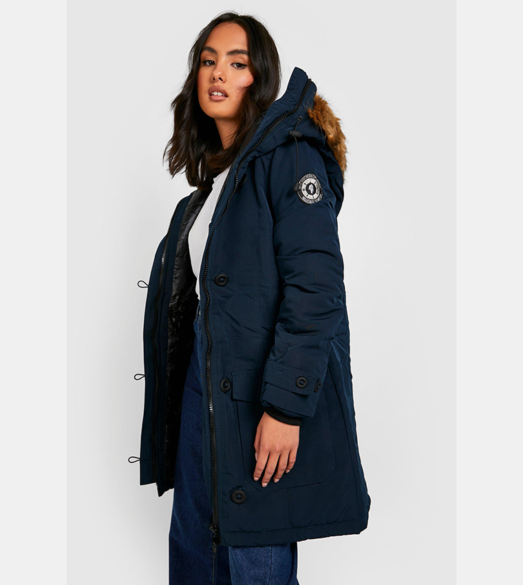 Buy Boohoo Badge Detail Faux Fur Trim Parka Jacket In Navy | 6thStreet ...