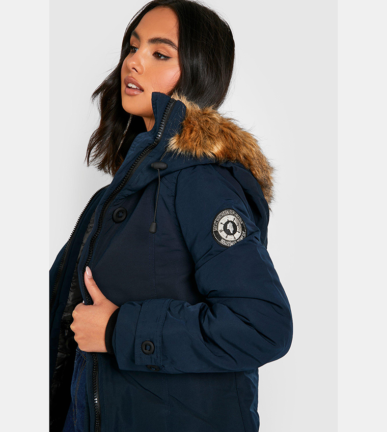Buy Boohoo Badge Detail Faux Fur Trim Parka Jacket In Navy | 6thStreet ...