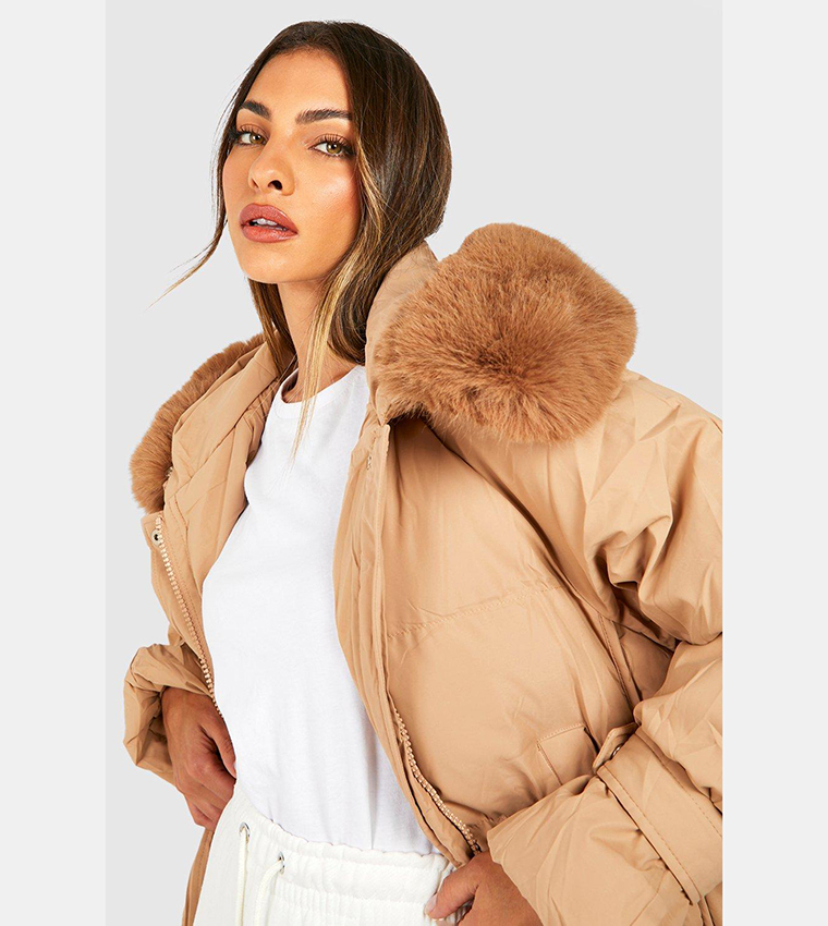 Buy Boohoo Luxe Faux Fur Trim Parka Jacket In Beige | 6thStreet Saudi ...