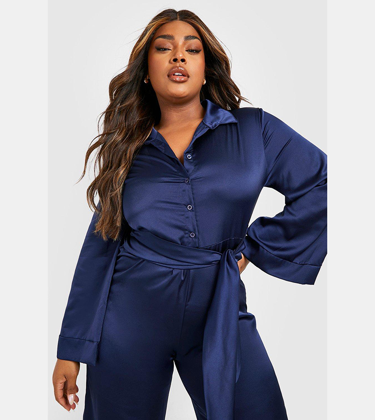 Buy Boohoo Button Up Wide Leg Belted Jumpsuit In Navy | 6thStreet Qatar