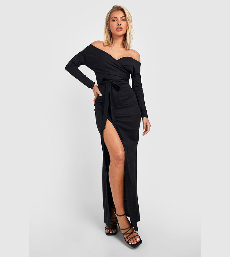 Buy Boohoo Off The Shoulder Split Maxi Bridesmaid Dress In Black | 6thStreet UAE