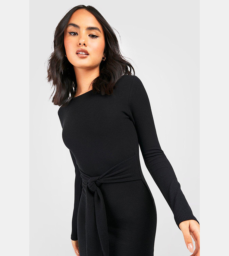 Buy Boohoo Ripple Rib Racer Tie Front Midi Dress In Black 6thstreet