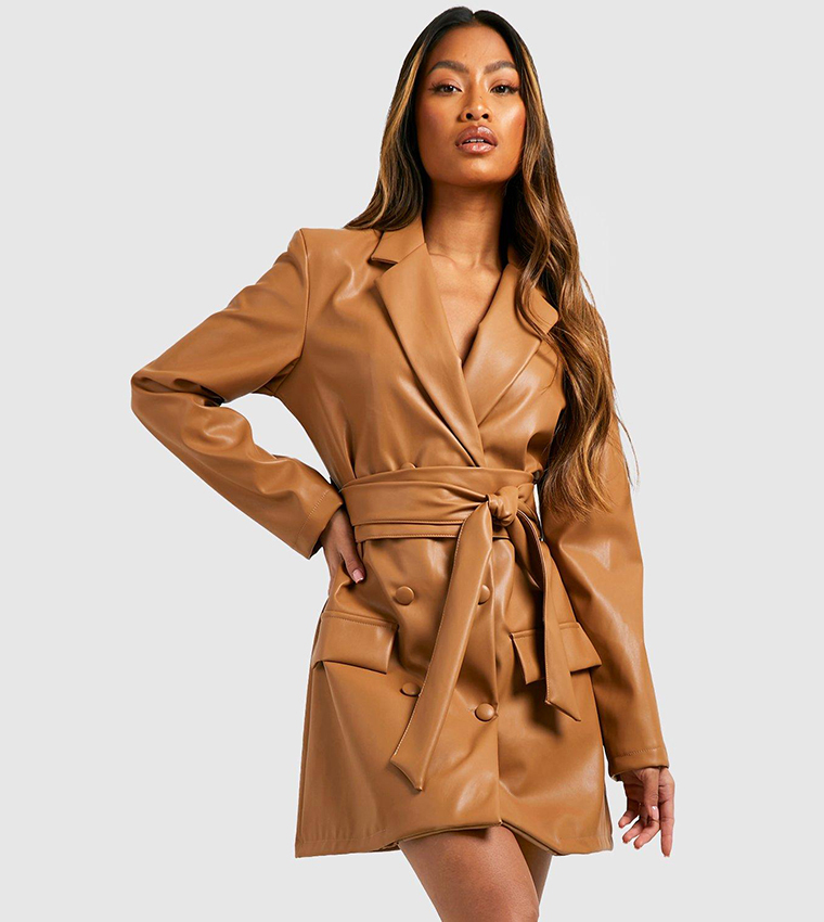 Buy Boohoo Leather Look Obi Tie Waist Blazer Dress In Camel | 6thStreet UAE