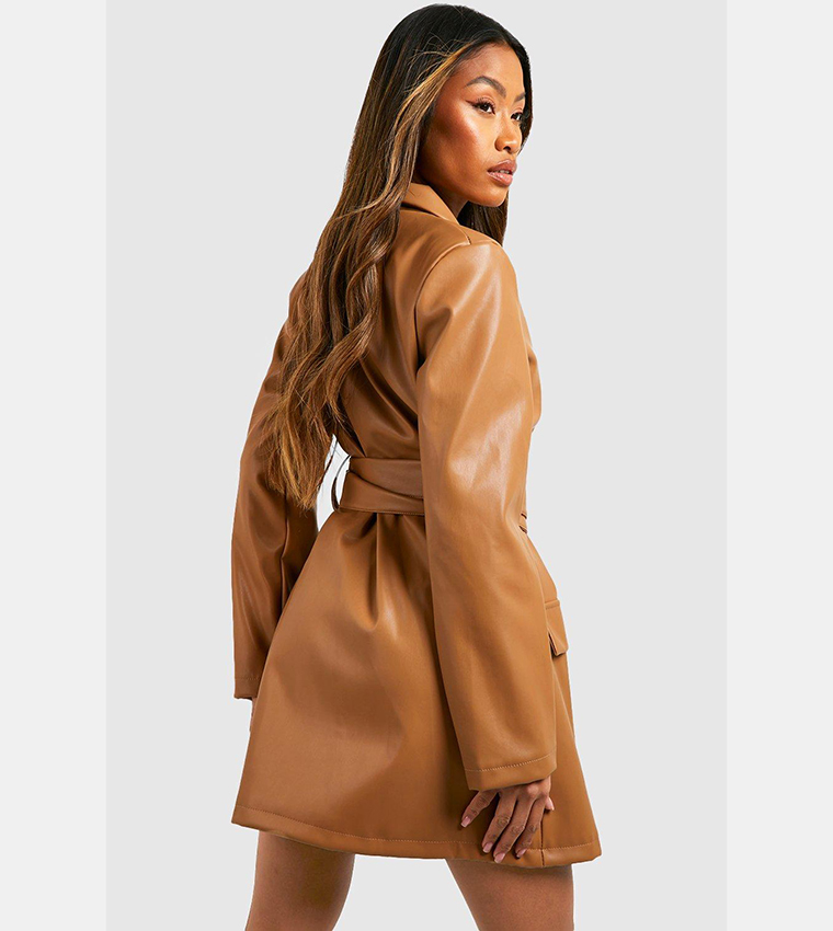 Buy Boohoo Leather Look Obi Tie Waist Blazer Dress In Camel | 6thStreet UAE