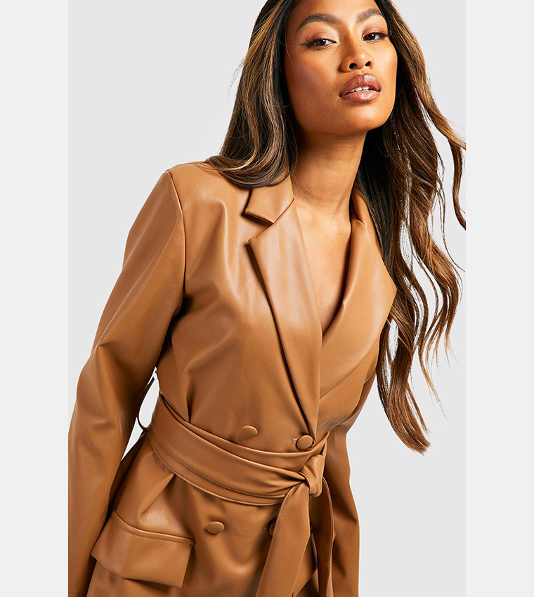 Buy Boohoo Leather Look Obi Tie Waist Blazer Dress In Camel | 6thStreet UAE