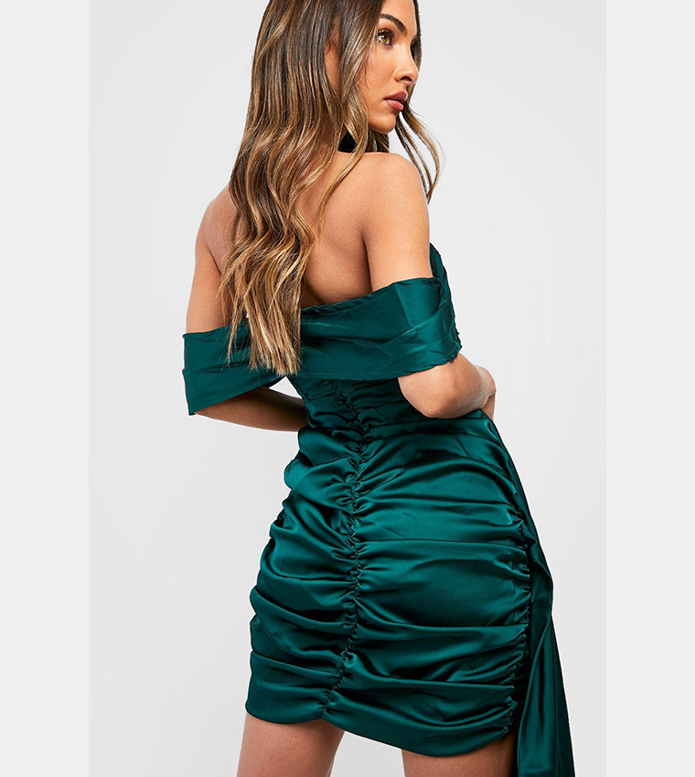 Buy Boohoo Satin Corset Bardot Drape Mini Dress In Green | 6thStreet UAE