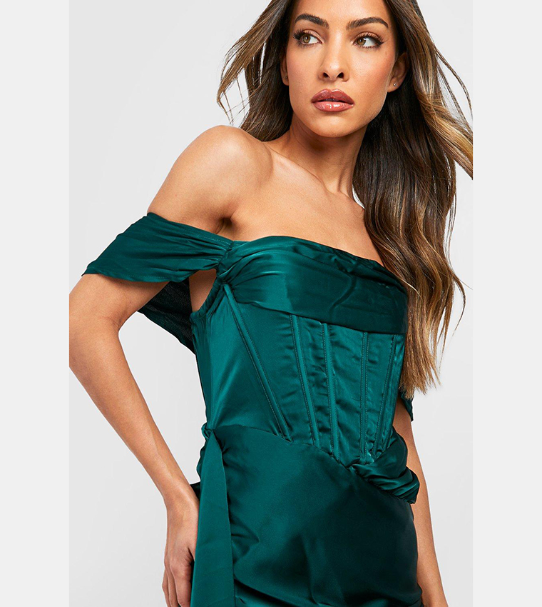 Buy Boohoo Satin Corset Bardot Drape Mini Dress In Green | 6thStreet UAE